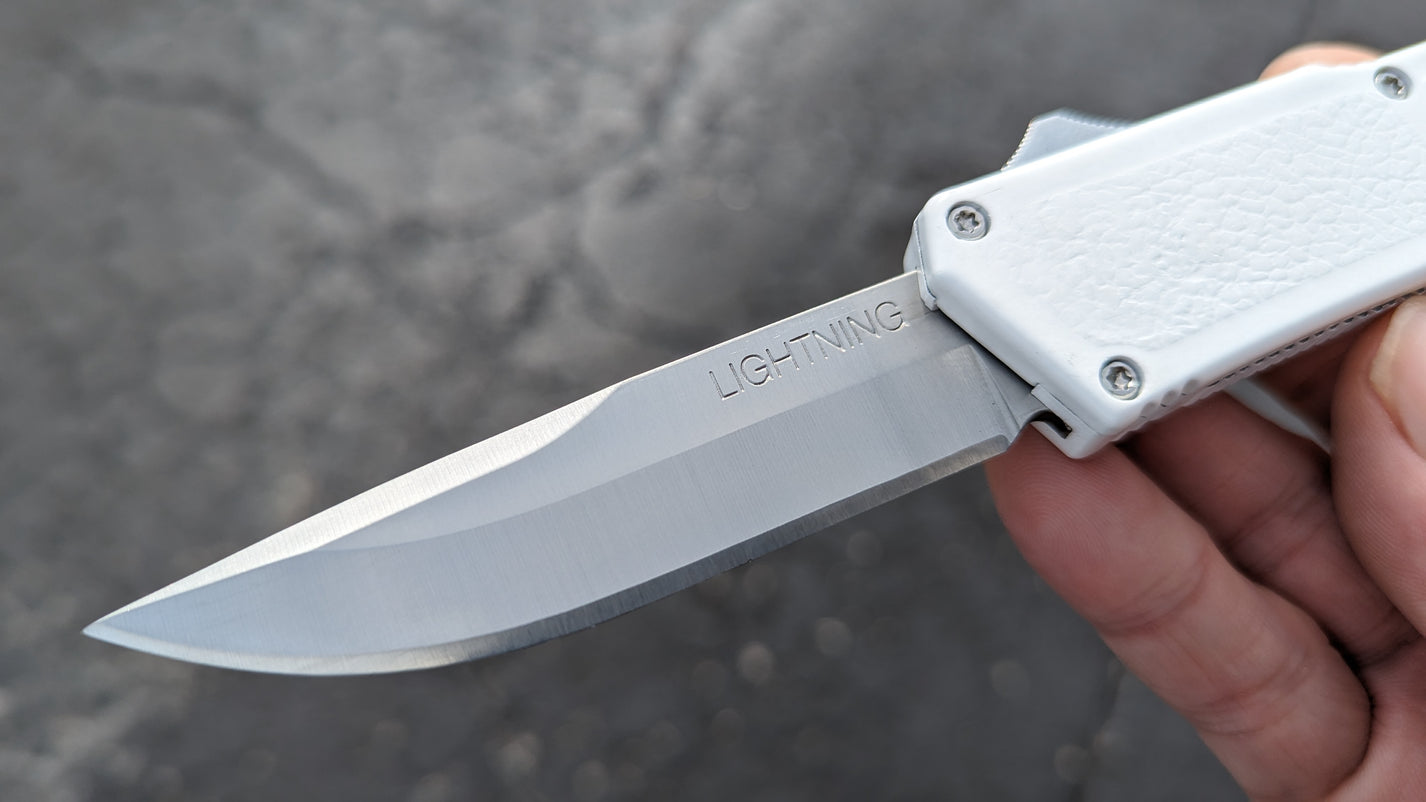 TAIWAN LIGHTNING OTF PLAIN EDGE DROP POINT WHITE – LIGHTNING OTF KNIVES