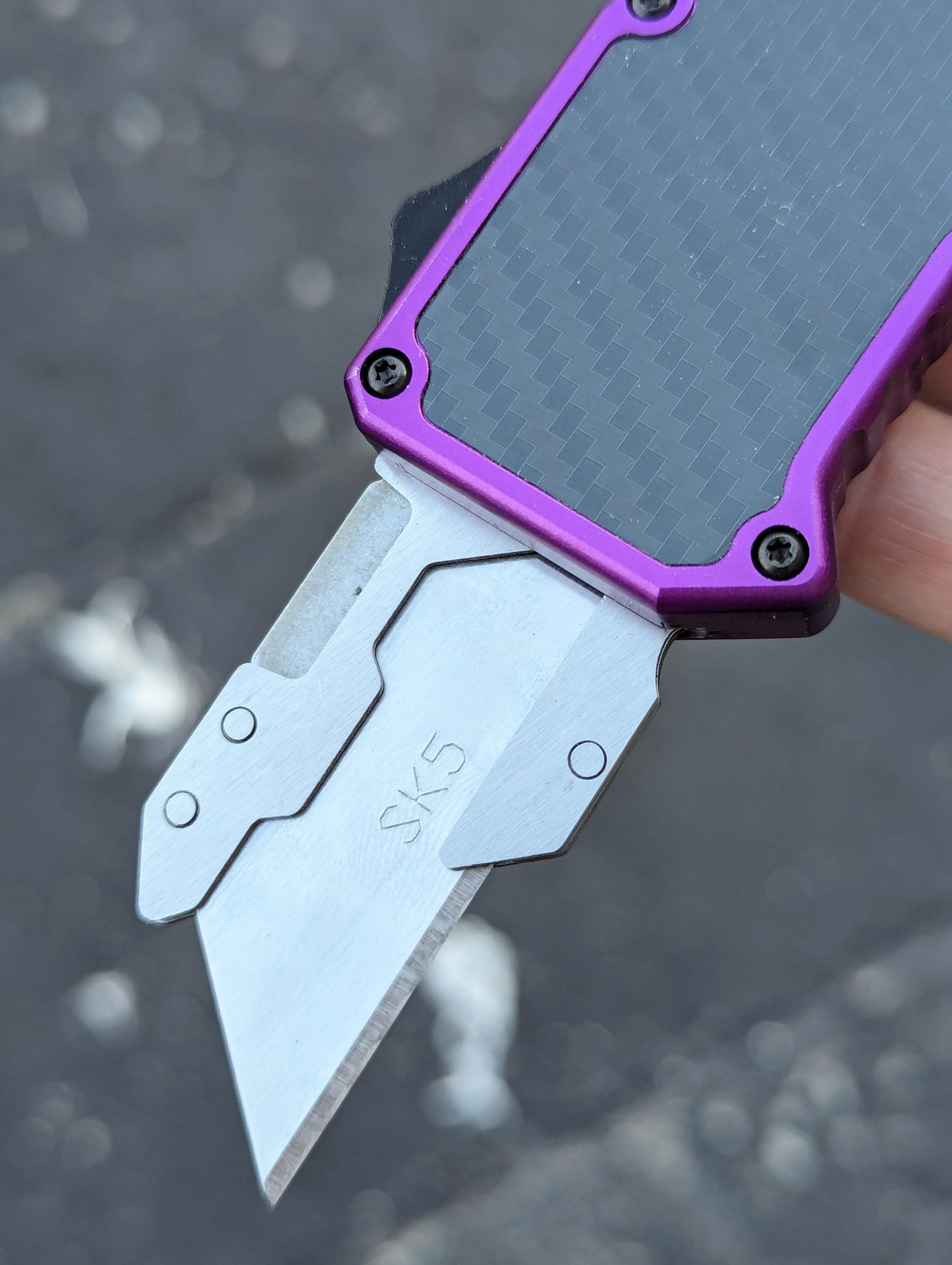 Purple Carbon Fiber D/A Box Cutter OTF Knife – LIGHTNING OTF KNIVES