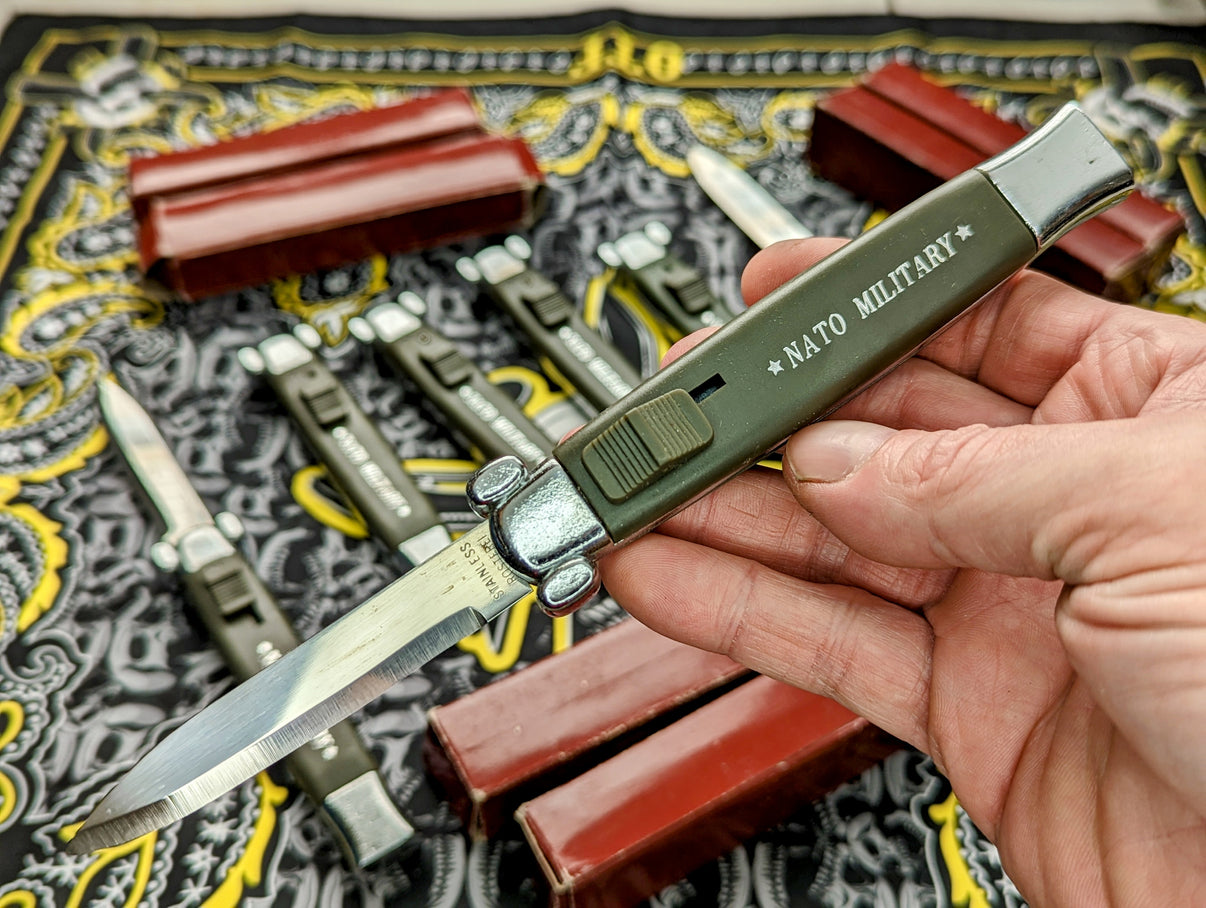 NOS VINTAGE NATO MILITARY OTF KNIFE GREEN/ CHROME – LIGHTNING OTF KNIVES