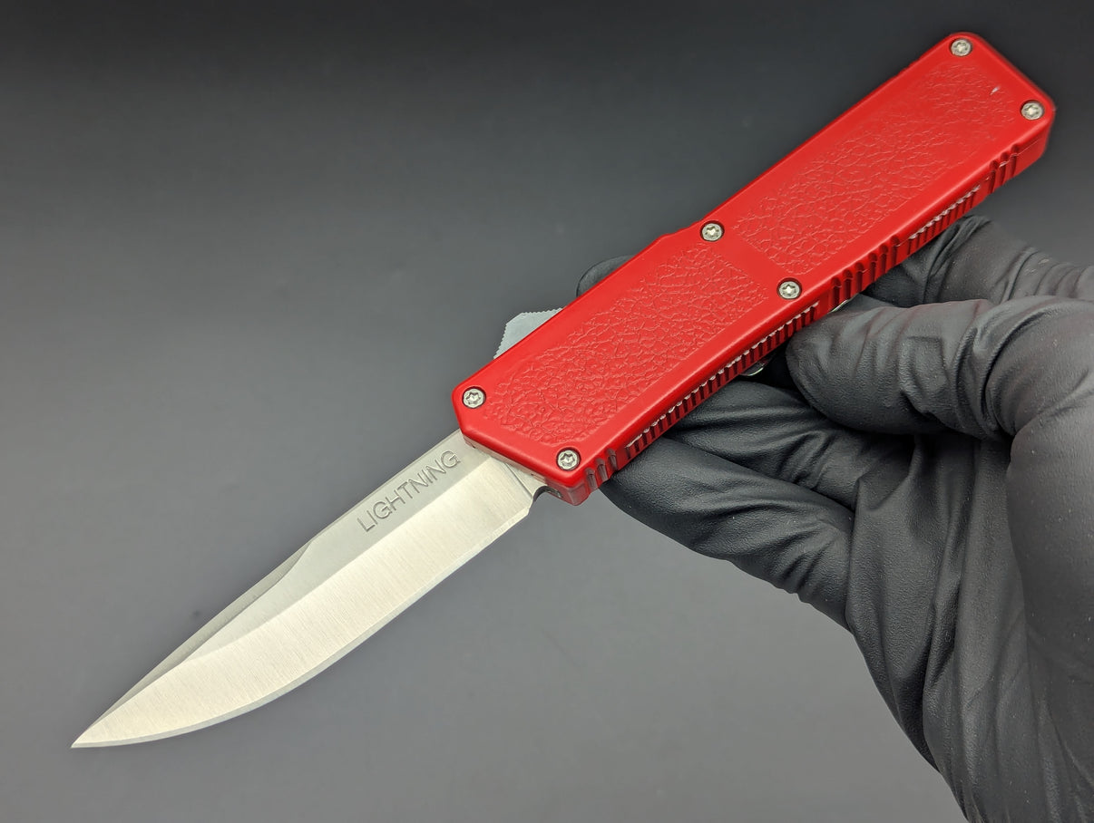Lightning OTF Knife Red Stainless Drop Point – LIGHTNING OTF KNIVES
