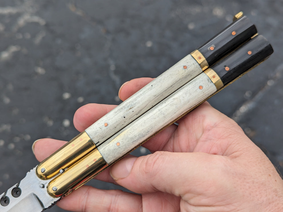 29 CM FHM WHITE BONE/ BLACK HORN BALISONG RAMBO – LIGHTNING OTF KNIVES