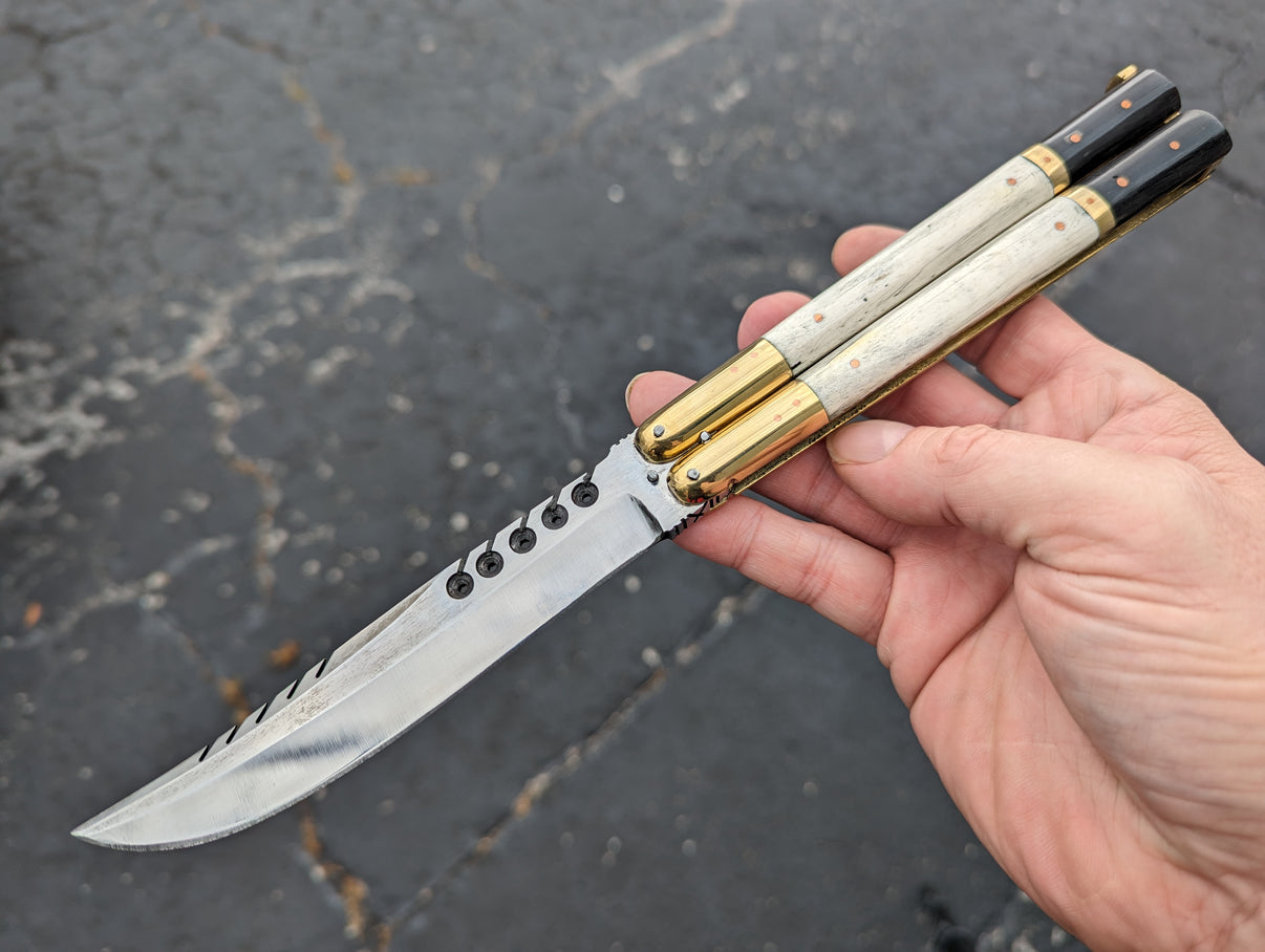 29 CM FHM WHITE BONE/ BLACK HORN BALISONG RAMBO – LIGHTNING OTF KNIVES