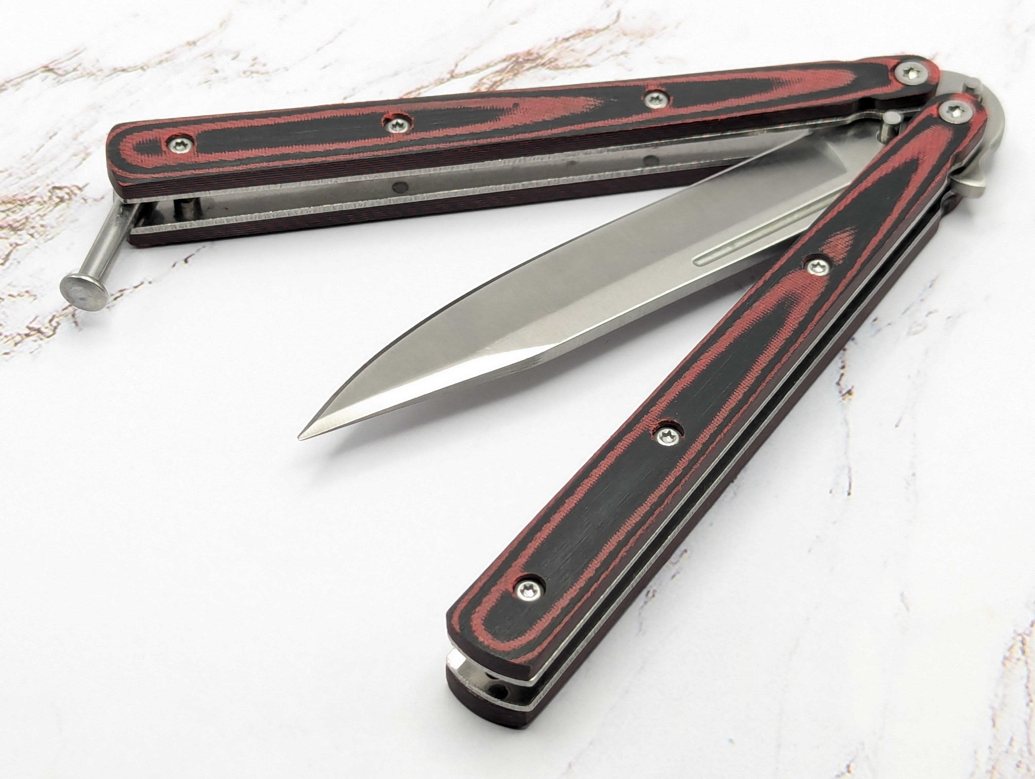 9" Red & Black Micarta Stainless Butterfly Knife – LIGHTNING OTF KNIVES